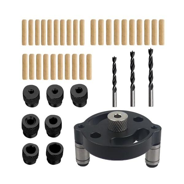 パラメータドリルガイド x 1件 ドリルスリーブx 7枚(2/3/4/5/6/8/10mm) 6mm 木ダボ x 10個 8mm 木ダボx 10個 10mm木ダボ x 10個、3つのドリル(6/8/10mm)・高品質素材高品質のアルミニウム...