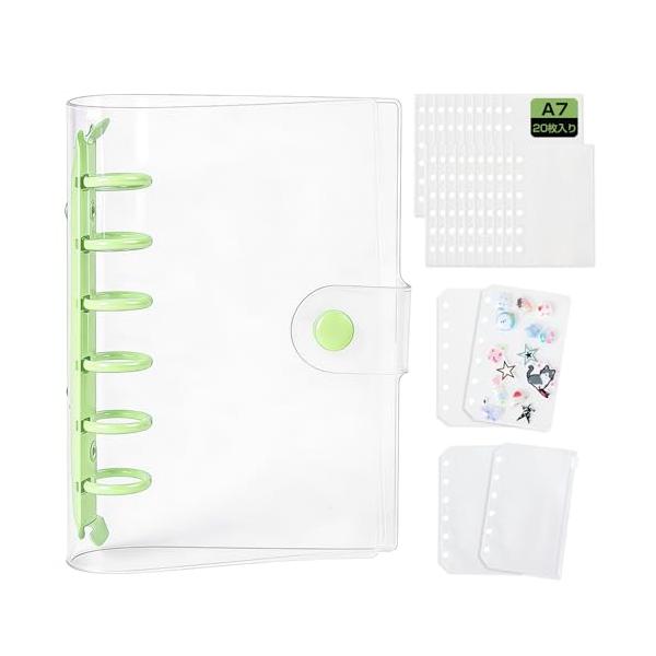 グリーン/A7/JKT-O001・Color:グリーンSize:A7・A7サイズ シール帳バインダーセット内容：(1)バインダー本体×1個 (2)リフィル20×枚 (3)台紙（PPシート）×2枚 (4)チャック付きポケット×2枚。A7サイズ...