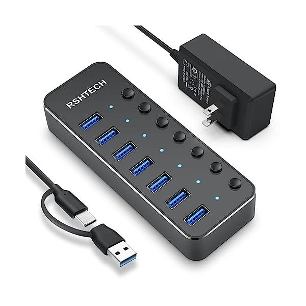 ブラック/7ポート/RSH-518・Size:7ポート・RSHTECH USB ハブ7ポート+2 in 1ケーブルパソコン、PC、PS4、Xboxの1つのTypeC/Type Aポートを7つのUSB 3.0高速Type Aポートに直ちに拡張...