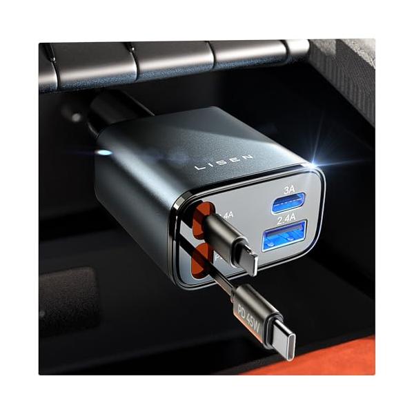 インクナイト/USB-C+USB-L/2E7130・Size:USB-C+USB-LColor:インクナイト・2026極小サイズ設計で車内にすっきり収納: 4in1車充電器シガーソケットは、さらにコンパクトな設計を採用。従来の巻き取り式モデ...