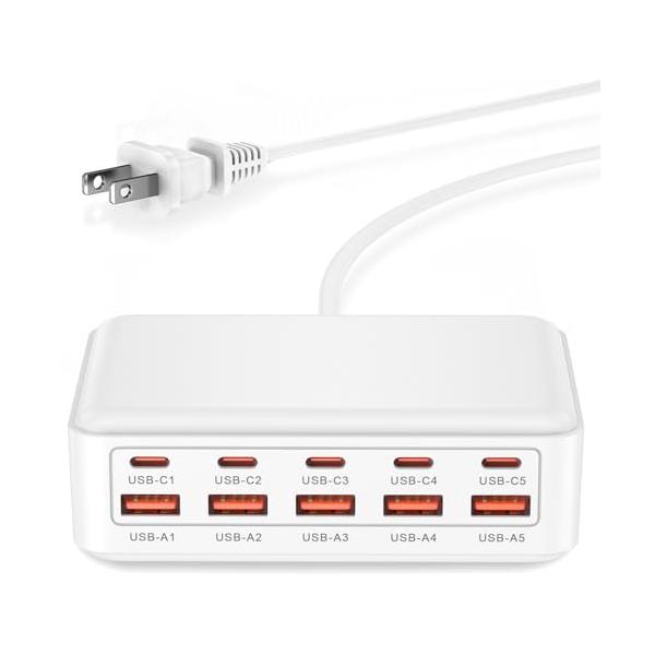 ホワイト/総70W 10ポート/PT-WC-13・Size:総70W 10ポートColor:ホワイト・合計最大70W高出力・10台同時充電USB-C×5、USB-A×5の計10ポートを搭載し、スマホ・タブレット・ノートパソコンなど最大10台...