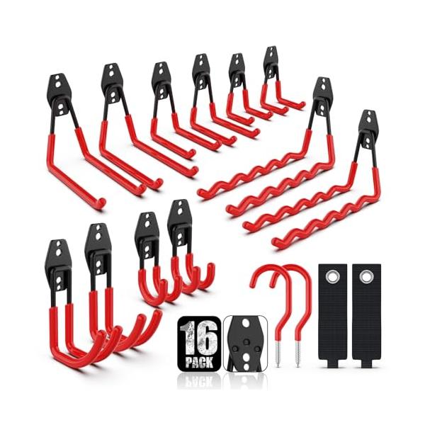 赤/16pc/-・Size:16pcColor:赤・laofeeiガレージフックは高品質スチール材料で製造され、錆びないように設計されています。特には、通常の２つだけではなく3つの溶接点でダブルフックがベースプレートにつながれ、強力で他の壁...