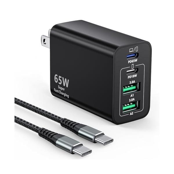 ブラック/-/HNT-T6560・Color:ブラック・合計出力65WのUSB C充電器：この4-in-1 USB充電器は、2つのUSB-Cポート（最大出力65WのType Cポート1つとPD18Wポート1つ）と2つのUSB-Aポート（充電...