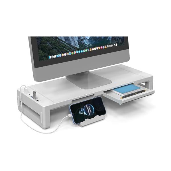 白-USBドッキング付き/-/-・Color:白-USBドッキング付き・3つのUSBポートと2つの充電ポート：EAYHMモニター台には、USB3.0×1 + USB2.0×2で周辺機器を拡張。Type-C/USB充電ポート各1基付属（付属ケ...