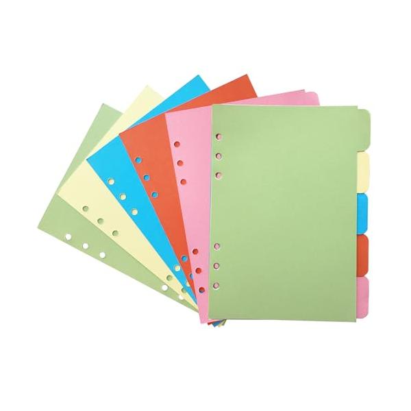5つのユニークな色。/-/-・PaperSize:A5・1．インデックスシート A5 セット：A5 仕切カード5山、穴数：6穴対応、素材：ペーパー、カラー：5色、パッケージ内容：10枚2組。A5サイズで文書の管理に最適なインデックスシート。...