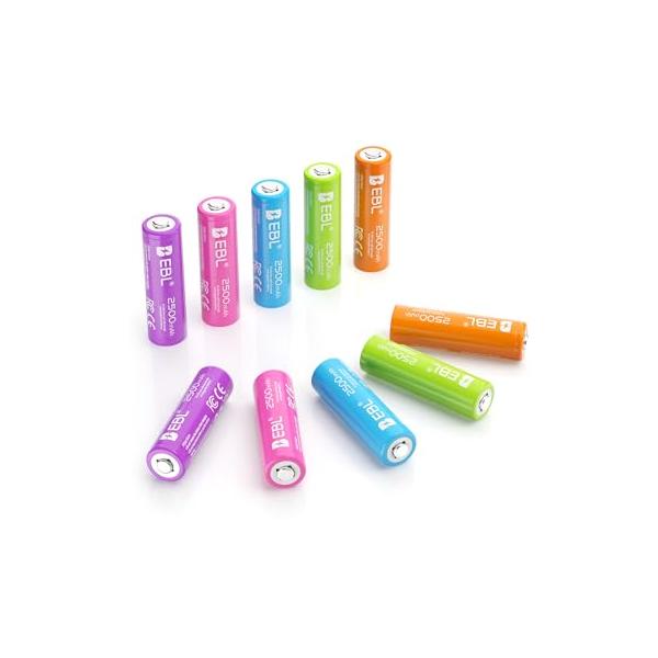 -/AA充電池10個/10本単3カラフル・Size:AA充電池10個・パッケージ個数:1・単3充電電池EBL単3形充電式ニッケル水素電池10個パック。電池容量は2500 mAhで、超大容量で長時間使用できます。電圧は1.2 Vで、非常に安定...