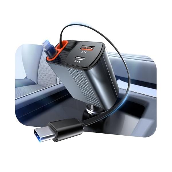 -/合計80W 巻取り式/HNT-CC004・Size:合計80W 巻取り式・??4in1 巻き取り式車載充電器：この車 充電器には、PD35W USB-Cケーブルと12W USB Lightningケーブルが付属しており、3.1A USB...