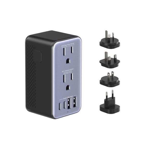 -/-/816・1台6役海外旅行用変圧器 2つのUSB-Cポートと2つのUSB-Aポート及1つ広電圧ソケット（100-250V Max 2500W )対応ジャックと1つ降圧ソケット（220V〜250Vを100V〜125Vに変換 Max 88...