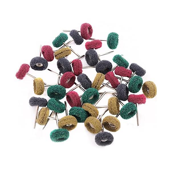 パッケージ個数:1・1.ミニルーター用先端パーツ 材質:繊維、シャフト径:Φ2.35mm、　色: 緑色、赤色、黄色、黒色（各5個）。・2.T型のナイロン繊維のバフ、混合色4種セットです。・3.品質の良いバフを使用し、便利で実用的、表面に傷つ...