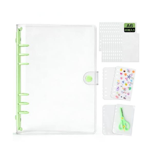 グリーン/A6/JKT-O001・Color:グリーンSize:A6・A6サイズ シール帳バインダーセット内容：(1)バインダー本体×1個 (2)リフィル20×枚 (3)台紙（PPシート）×2枚 (4)チャック付きポケット×2枚。A6サイズ...