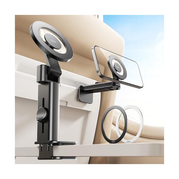 ブラック-1個入り/-/-・Color:ブラック-1個入り・強力クランプ＆強力マグネットロック：飛行機用スマホホルダーの内蔵デュアルスプリングベースクランプは4 000gの固定力があり、2 300gの保持力を持つ強力なマグネットリングは、で...