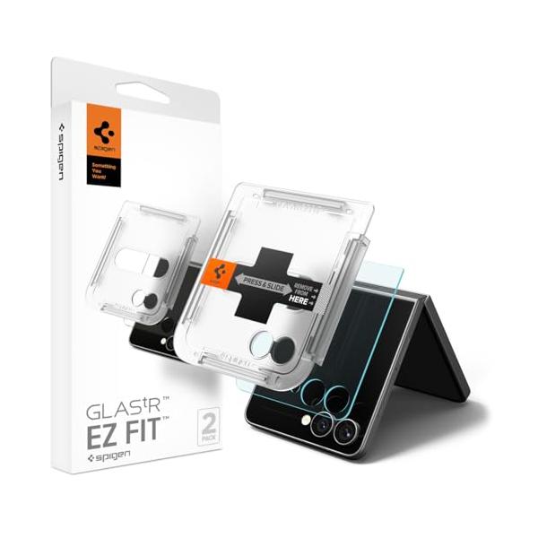 -/Galaxy Z Flip7/AGL09582・Size:Galaxy Z Flip7・パッケージ個数:1・[初心者でも貼れる貼り付けキット]後面フィルムを剥がしてから貼り付けトレイと画面が平行になるように装着し、矢印に従ってフィルムを...