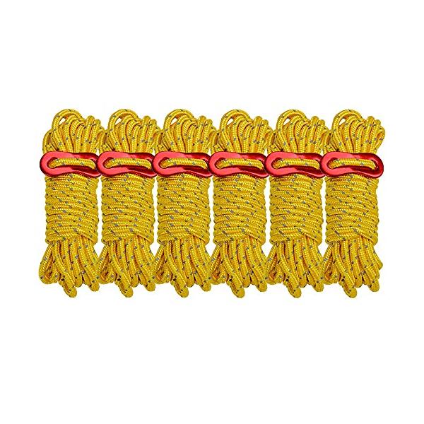 テントロープイエロー/-/-・Color:イエロー・セット内容4mm * 4mのロープ ×6本、アルミニウム製自在金具ｘ6個・ガイロープ径が4mmなので、しっかりしている、200kgまでの荷重に耐えられます；夜間の視認に効果的な反射素材入り...