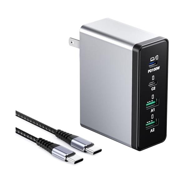 シルバー/-/HNT−PC611・Color:シルバー・合計出力140WのUSB C充電器： この4-in-1 USB充電器は、2つのUSB-Cポート（最大出力100WのType Cポート1つとPD20Wポート1つ）と2つのQC18W US...