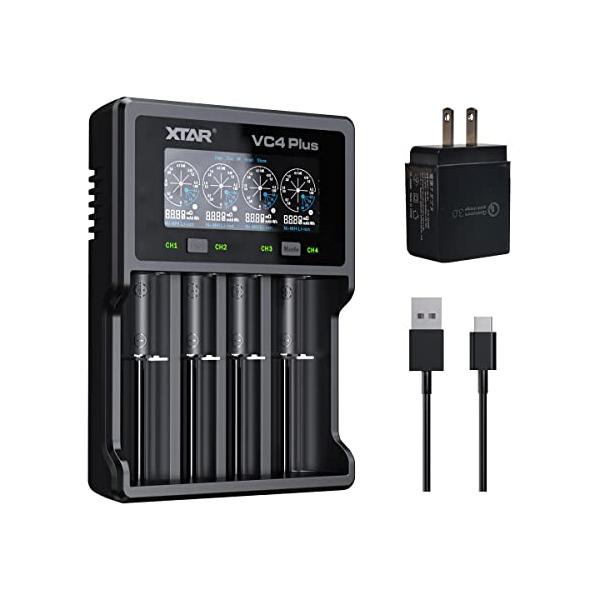 ブラック/VC4 Plus-QC/-・3A急速充電XTAR QC3.0アダプタとUSB急速充電ケーブルを搭載し、1本のバッテリーで充電すると最大3Aの充電電流になる。(3A急速充電に必要な条件：(1)QC3.0 18Wの電源アダプターを使用...