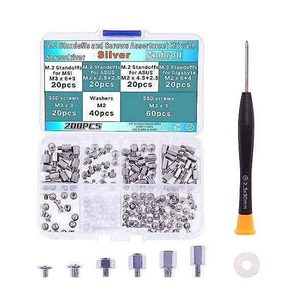 シルバー/2 millimeters/-・パッケージ内容:シルバーm.2スタンドオフとネジとワッシャー200個。合計80セットのM.2コンピューターネジセット。M.2 SSDを取り付けるための4つのスタイルスタンドオフ、M3x6+2.5、M...