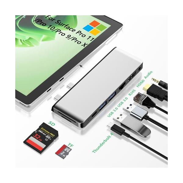 銀/-/-・8in2多機能な サーフェス Pro 11/10/9ハブ2 USB Type-Cポート1を2 X USB 3.0ポート、4K@30Hz HDMI、100M LANポート、USB-C Thunerbolt 4 (80Hz@30Hz...