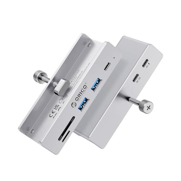 シルバー/-/-・Color:シルバー・クランプ固定式、省スペースクランプと10Gbps USB C ハブはネジで組み合わせる設計で、工具を使わずデスクやモニターに設置、省スペースのデザインです。固定する部分が可動式なところですから、カーブ...