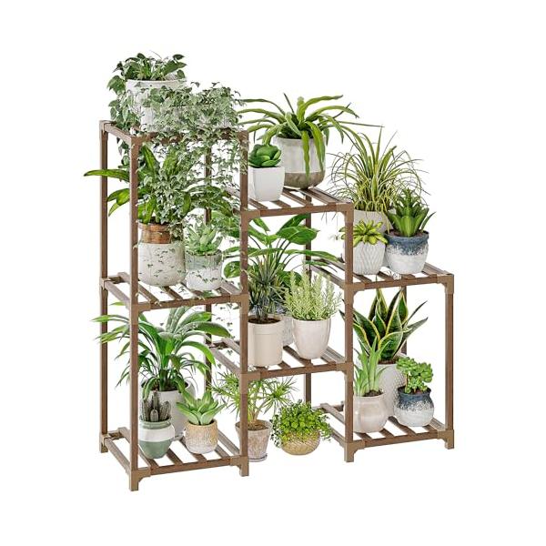 ブラウン/-/-・Shape:梯型・7鉢ガーデニング 棚：梯子型デザインで日光がスムーズに差し込み、7鉢以上の植物を収納。植物コレクションを整然と飾る装飾性も兼ね備え、屋内はもちろん屋外でも使えます・多機能活用観葉植物 棚：自然な生活空間。...