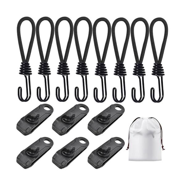 ストレッチコード/ストレッチコード/RISOUHE・Shape:ブラック-15セット・パッケージ個数:1・テントタープ部品 セットストレッチコード8本（ゴム幅：6ｍｍ，全長：15cm，耐荷重：30KG）+テントクランプ6個（8.5*2.6*...