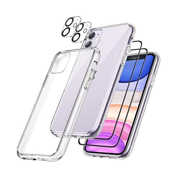 クリア/iPhone 11 6.1インチ/3798-・Color:クリア・[五つ合わせて全面保護] iPhone 11(6.1インチ専用) 完全に適合します。2枚の強化ガラスフィルムと2枚のカメラレンズフィルムを備えたこのバンパーケースは、...