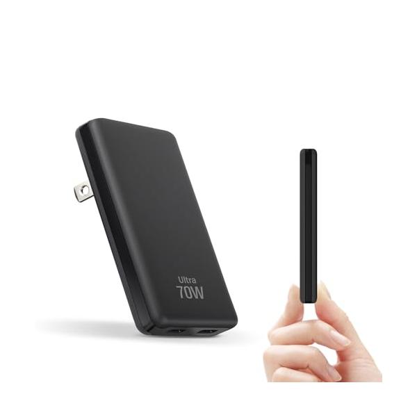 ブラック/-/-・Color:ブラック・?究極薄さ12.8mm従来のノートパソコン充電器より随分の薄さを実現しました！厚さわずか12.8mm薄さで70wの高出力の誇りも自慢できる急速充電器が登場。スリムのに2つのポートを搭載し、2台のデバイ...