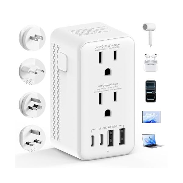 1台6役！海外旅行の必需品・多機能変換アダプター 2つのUSB-Cポート、2つのUSB-Aポートに加え、1つの「広電圧ソケット（AC1）100-250V Max 2500W )」と1つの「降圧変圧ソケット（AC2）ーは220-240Vを11...
