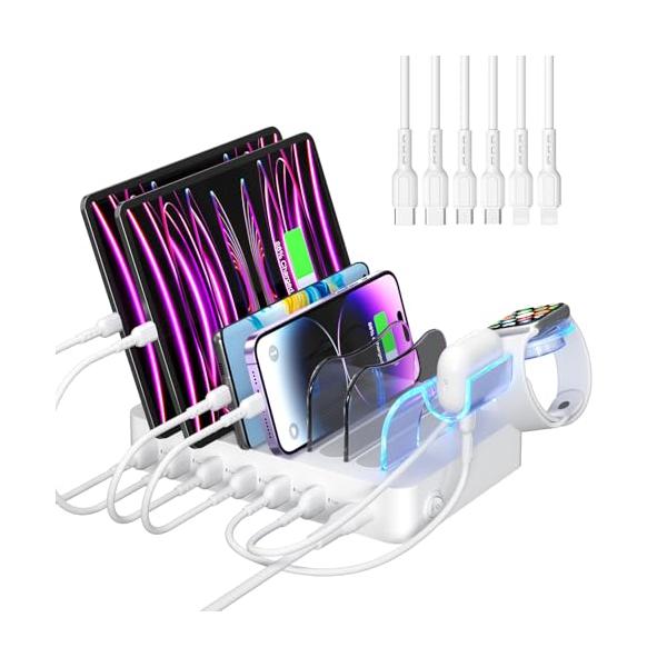 6 Port/50W/6 Mixed Cables/50W 6ポート-ホワイト/CS61・Size:50W 6ポート-ホワイト・アップグレードされたホルダーiWatch Charger＆Airpodsの新しいホルダーを使用すると、すべての電...