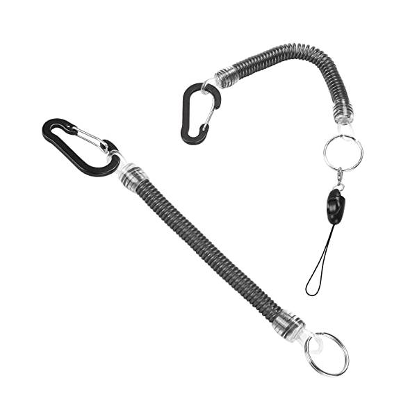 カラビナ透明ブラック/-/-・Color:透明ブラック・最大耐荷重:約5kg、伸びる長さ:最長約110cm、色：透明ブラック・コイルストラップは優れたTPU材料を採用し、内部にステンレスワイヤーが通し、断線や劣化に強く、長く使えます。バネの...