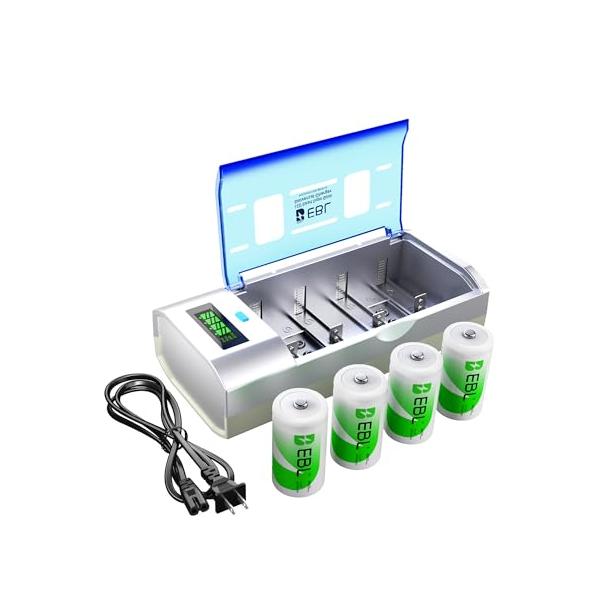 シルバー/単1*4+充電器/690881412JP・パッケージ個数:1・電池充電器：EBL電池充電器は1-4本単3充電池/単4充電池/単1充電池/単2充電池および1-2PCS 9V NI-MH/NI-CD充電式電池を充電できます.（注：充電...