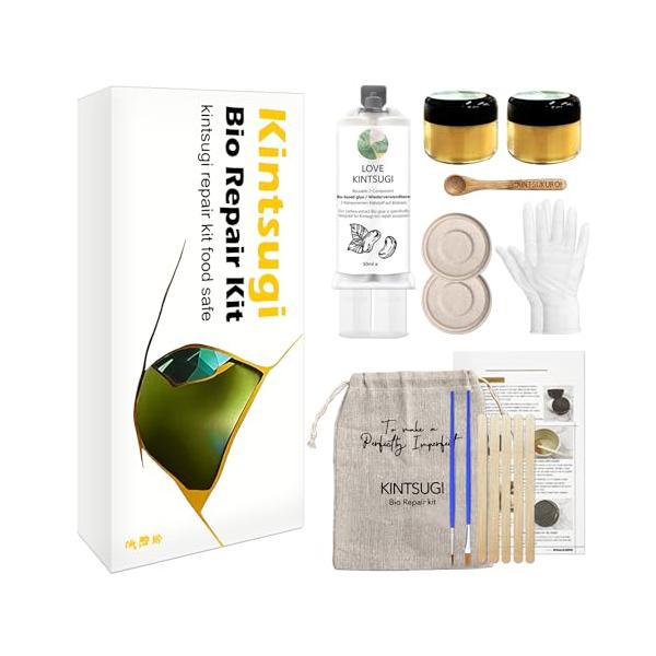 ゴールド金/小さい/Bio Kintsugi Repair Kit・パッケージ個数:1・亀裂は創造の始まり - 簡単金継ぎキット、金合金を使用して陶器を修復する芸術です。 この場合、金色の天然バイオ樹脂を使用して壊れたアイテムを修復できます...