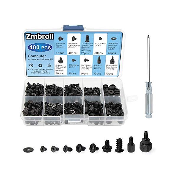 -/3mm x 6mm x 6-32/-・合計10種類のコンピューターネジ、すべて黒色、箱に400個入り、見分けやすく、すべてのニーズに対応・材質：高品質炭素鋼製、耐錆性、耐酸化性に優れた黒色亜鉛メッキ・パッケージに含まれるもの：SSDネジ...