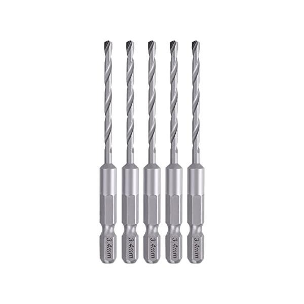 -/3.4mm-5個セット/-・Size:3.4mm-5個セット・超硬ドリルドリル本体は耐磨耗性・耐衝撃性に優れた超耐熱特殊鋼で作られて、優れた耐久性を実現します。超硬タングステンチップ（刃先）付いて、六角軸一体切削加工により、より一層の切...