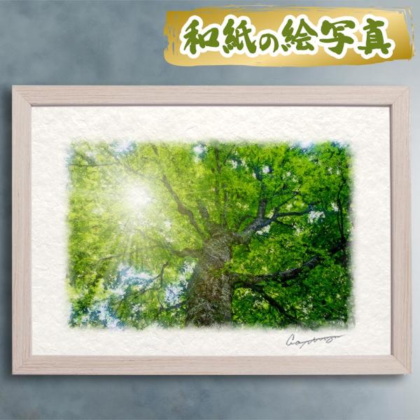 手すき和紙のやさしい質感に、新緑と木漏れ日の風水パワーを重ね、健康運と仕事運、家庭運を明るく整えてくれる作品です。「和紙の絵写真」とは、作家自身が撮影した風景写真をベースに、作家の思い出の風景をイメージして作成した絵画調のデジタルアートを、...