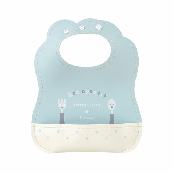 お手入れが簡単な、水で洗えるPUレザーを使用した、tupera tuperaと10moisのコラボレーションお食事エプロン。マシュマロみたいに柔らかく、水で洗えるPUレザーのお食事ビブ。フォークとスプーンが赤ちゃんのお食事を見守っているデザ...