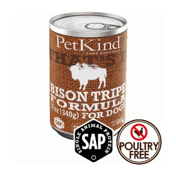 「That’s it! SAP グリーンバイソントライプ」は厳選された素材のみを使用した食いつき抜群のウェットフードです。高品質なバイソントライプを単一タンパク源として使用しており、特定のタンパク源にアレルギーをもつ愛犬にも安心です。