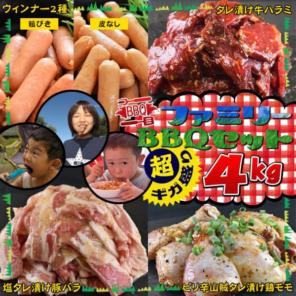 特製ダレに漬け込まれた牛ハラミ、豚バラ、鶏モモがメガ盛り合計３キロ！お子様に大人気のウィンナー2種！バーベキューの定番焼きそばに使える豚小間４００g！総重量４キロの超〜ギガ盛りでお届けします♪タレ漬け肉は500gに小分けされていますので、使...