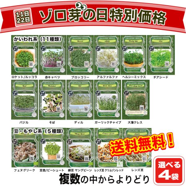 【発売日：2026年07月22日】下記複数の中からよりどり4袋選べるオーガニック種子セット【かいわれ系】ブロッコリースプラウトアルファルファスプラウト赤キャベツヘルシーミックススプラウトチアシードロケット/ルッコラバジルそばディルガーリック...