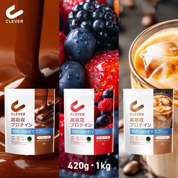 ■商品名 : クレバー 高吸収 プロテイン■内容量 : 420g・420g×3個　1kg・1kg×3個■商品説明確かな素材と処方で賢く目標達成へと導く、吸収に優れた(*1)低分子ホエイペプチド＋プロバイオティクス（乳酸菌）。溶けやすくておい...