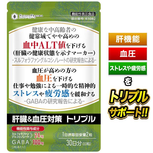 【肝臓・血圧・ストレスや疲労感をトリプルサポート！】スルフォラファングルコシノレートとGABAが血中ALT値(肝臓の健康状態を示すマーカー)、血圧、ストレスや疲労感にトリプルアプローチ！【Wの機能性関与成分による4つの機能！】１．健常域でや...