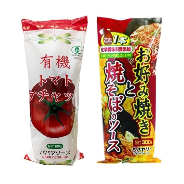 お好み焼きそばソース　原材料 野菜・果実（有機トマト（スペイン、アメリカ）、りんご、デーツ、有機たまねぎ、その他）、砂糖、醸造酢（りんごを含む）、醤油（小麦・大豆を含む）、食塩、チャツネ、小麦澱粉、ポークエキス（豚肉を含む）、香辛料、オイス...