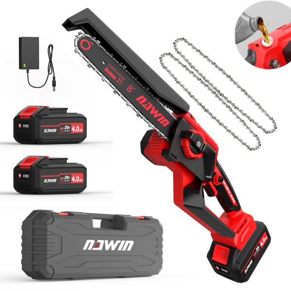 ナウィン チェーンソー充電式 8インチ 自動給油式 ガイドバー200mm 工具レス調整 4.0Ah電池2個付き 電動チェーンソー ブラシレスモーター 電動のこぎり 充電式 小型 軽量 伐採・枝払い・枝打ち・薪作り・庭木の剪定【ポンプ押し給油...
