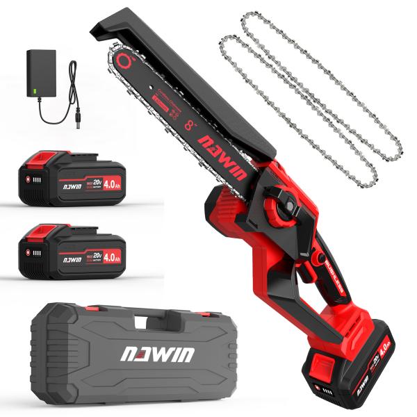 ナウィン チェーンソー充電式 8インチ 自動給油式 ガイドバー200mm 工具レス調整 4.0Ah電池2個付き 電動チェーンソー ブラシレスモーター 電動のこぎり 充電式 小型 軽量 伐採・枝払い・枝打ち・薪作り・庭木の剪定【ポンプ押し給油...