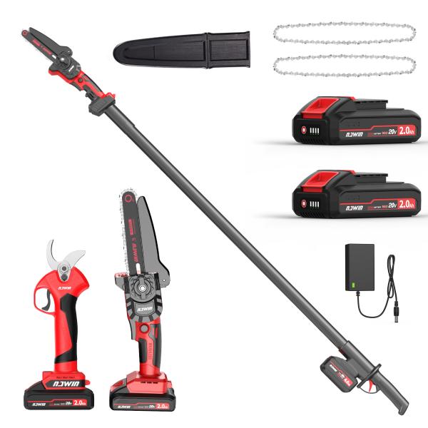 【一台四役】延長ポールが部品として取り外しができます、付けると6インチチェーンソーから高枝切り電動チェーンソーになります。同じく電動剪定バサミも高枝切り電動ハサミに切り替えできます。延長ポールは150cm〜260cm伸縮することができ、高枝...