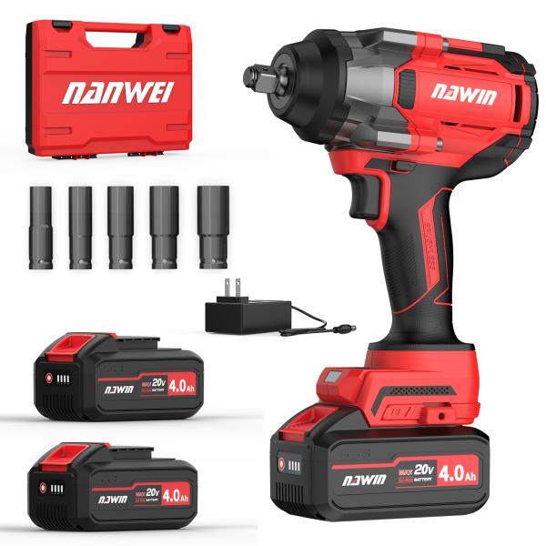 【パケージ一覧】充電式インパクトレンチ、4.0Ahバッテリー×2、充電器、ソケット×5、取扱説明書、収納ケース。