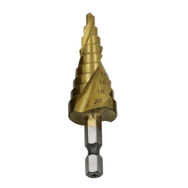 ◆チタン タケノコ ステップドリル 六角軸 ◆4,6,8,10,12,14,16,18,20mm の ９段刃◆材質：HSS高速度鋼　切り粉の排出が早く、溶着の少ないスパイラルステップドリルになります。耐久性抜群のハイス鋼チタンコーティングで...