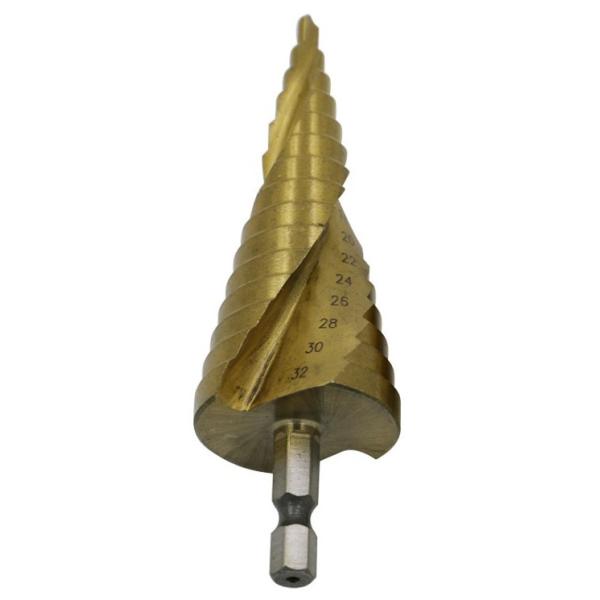 ◆チタン タケノコ ステップドリル 六角軸 ◆4,6,8,10,12,14,16,18,20,22,24,26,28,30,32mm の 15段刃◆材質：HSS高速度鋼　切り粉の排出が早く、溶着の少ないスパイラルステップドリルになります。耐...