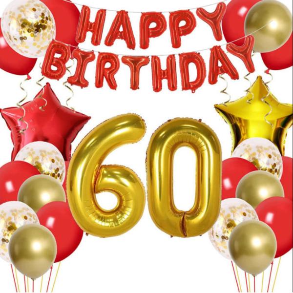 〔還暦のお祝いに！〕 ご家族様の60歳の還暦のお祝いに、豪華な飾り付け用のバルーンセットです。 還暦には欠かせない赤をベースに華やかなゴールドを加えボリューミーに仕上げました。「HAPPY BIRTHDAY」の文字バルーン特別感はアップし、...