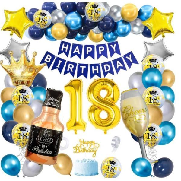 セット内容: HAPPYBIRTHDAYバナー、王冠型バルーン、シャンパンボトル型バルーン、数字バルーン「18」を含む豪華な装飾セットカラーテーマ: ゴールド、ブルー、シルバーの上品な配色で、記念すべき18歳の誕生日を華やかに演出デザイン構...