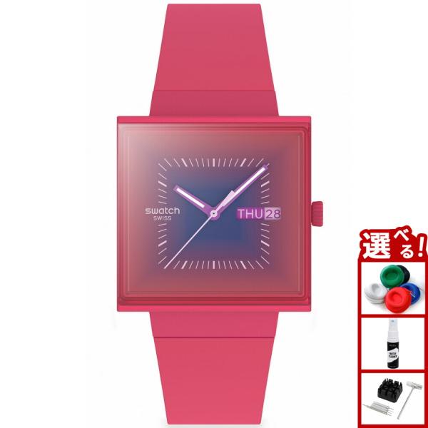 【swatch スウォッチ 腕時計 メンズ オリジナルズ ORIGINALS SQUARELY BERRY SO34R700 スクエア型マットダークピンクのBioceramicのケースで、ライトピンクプリントの分目盛がサイドから見られるエッ...